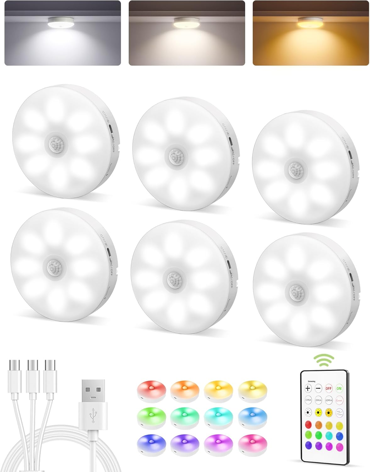 6-Pack under Cabinet Lighting, Rechargeable Motion Sensor Puck Light ...